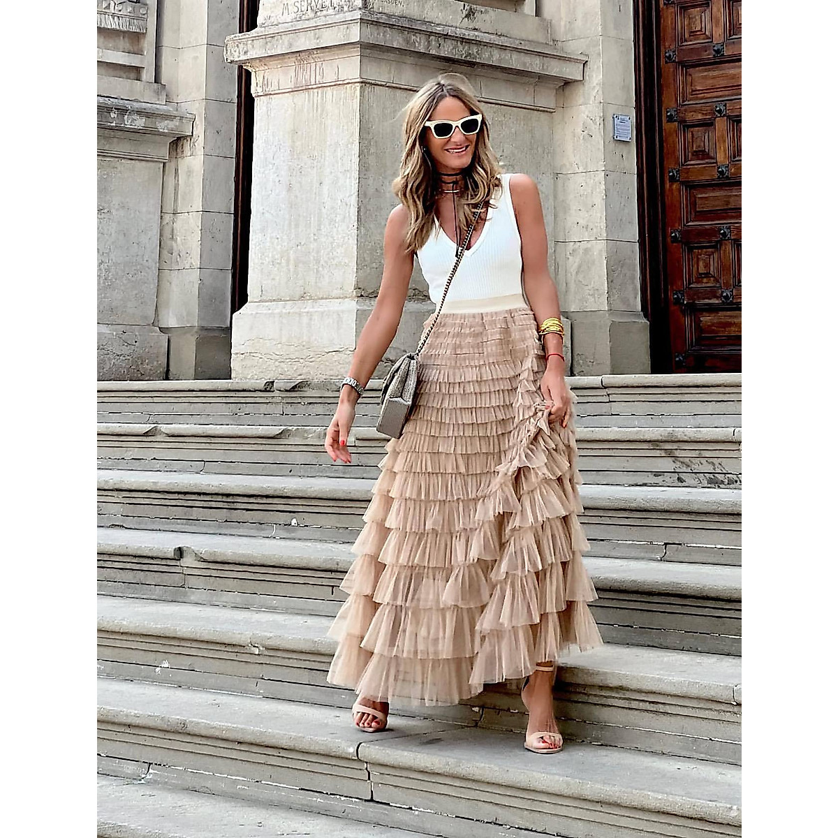 Perbai Womens Long Maxi Tiered Tulle Skirt High Waisted A Line Layered Mesh Tutu Skirts Petticoat(Champagne-M)