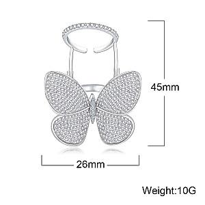 TEMICO Moving and Flying Butterfly CZ Paved Platinum Plated Fashion Party Cocktail Ring Wide Band for Women