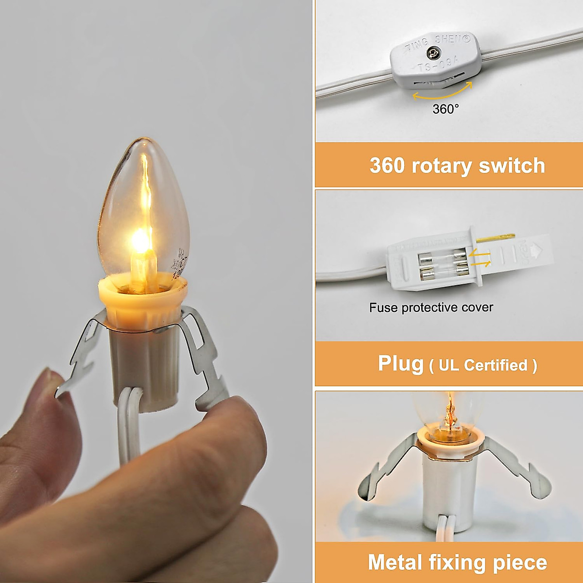 MYEMITTING Set of 2 Accessory Cord with 2 C7 Led Light Bulb 6Ft Light IndoorString Lights, Candelabra-Base E12 Socket C7 Lamp for Halloween and Christmas Decorations, Craft Village House Decoration