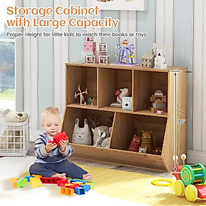 Costzon Toy Organizers and Storage with Bookshelf, Wooden 5 Cubby Children’s Book Shelf Toy Storage Cabinet Bookcase for Kids Room, Playroom, Kindergarten, Nursery (Natural)