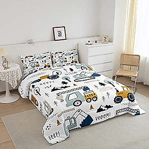 Cartoon Car Kids Comforter Set Construction Bedding Set Decor Equipment Trucks Comforter Cartoon Car Excavator Tractor White Yellow Duvet Set Bedroom Quilt Set 3Pcs Full