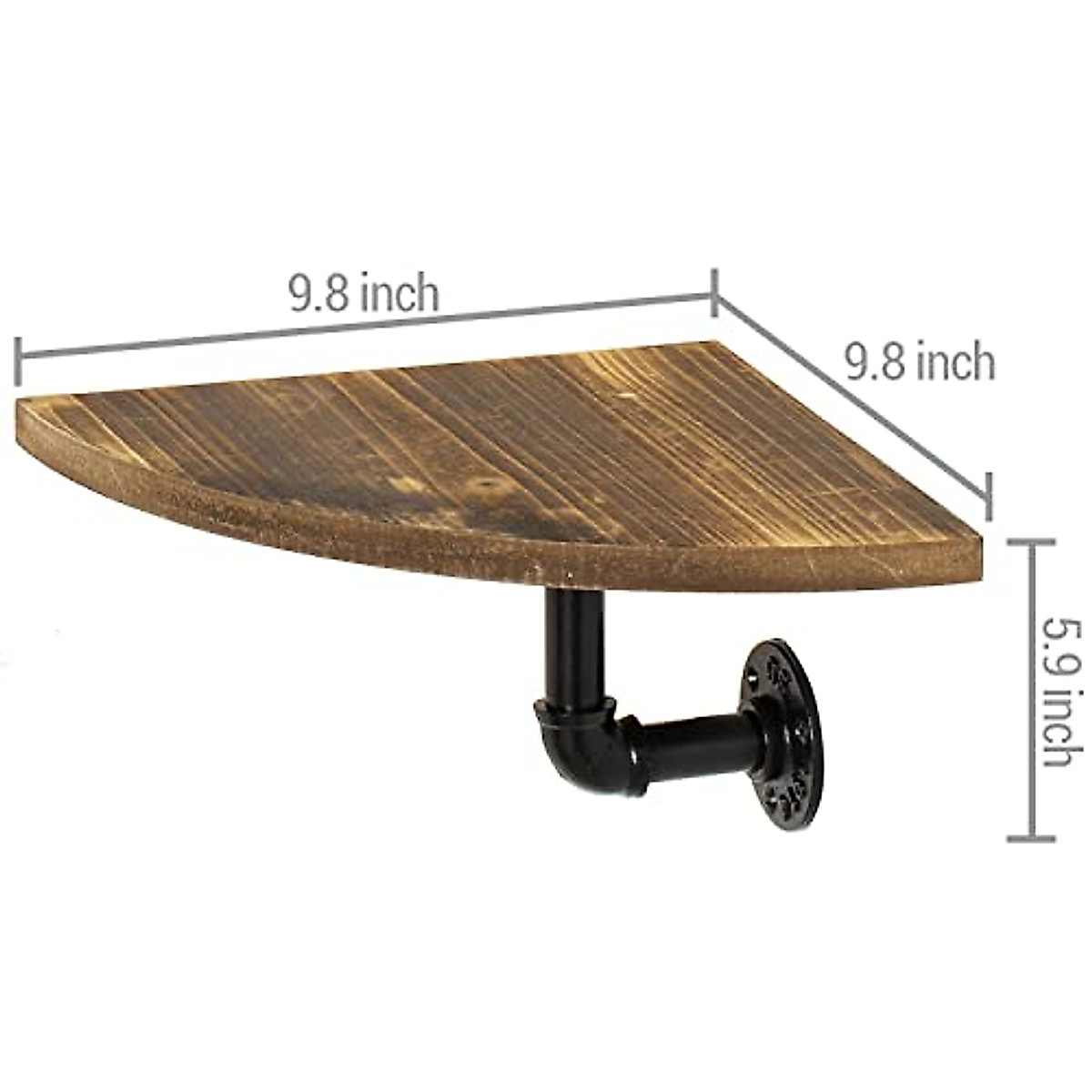 MyGift Wall Mounted Floating Corner Shelves, Rustic Burnt Solid Wood Rounded Corner Shelf with Black Metal Pipe Mounting Brackets, Set of 3