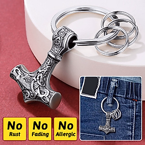 Keyrings for Men, Thor Hammer Stainless Steel Norse Viking Jewelry for Male, Mjolnir Amulet Key Rings Silver for Dad