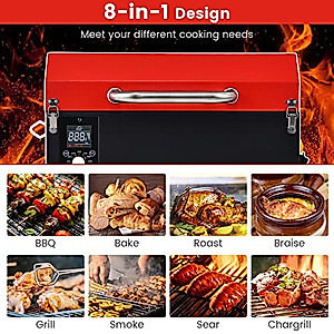 ORALNER Portable Pellet Grill and Smoker, 8 in 1 Tabletop Smoker Outdoor BBQ w/ Auto Temp Control for Camping RV Travel Tailgating Apartment Cooking, Small Wood Pellet Smokers w/ LCD Screen, Grease Bucket, Stainless Steel Meat Probe (Red)