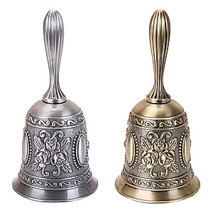 MOTZU 2 Pieces Hand Bells, Metal Jingle Service Call Bell Brass Wedding Bells, Extra Loud Multi-Purpose Held Dinner Bell for Decoration, Alarm, School Church Classroom, Bar(Gold & Silver)