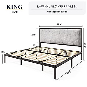 Allewie King Size Metal Platform Bed Frame with Upholstered Headboard, Heavy Duty Steel Structure, Wood Slat Support, Mattress Foundation, No Box Spring Needed, Grey