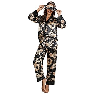 Arwser Women's Silk Satin Pajamas Set 4pcs Long Sleeve Button Down Sleepwear V-Neck Printed Dragon Pjs Black