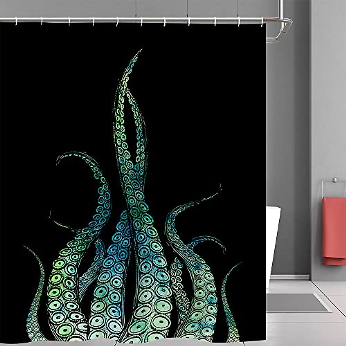 WYURMKT Octopus Tentacles Shower Curtain Kraken Ocean Animal Green Sea Underwater Creature Simple Black Backdrop Cool Creative Art Bathroom Decor Curtains Set Polyester Fabric with Hooks 70Wx70H Inch