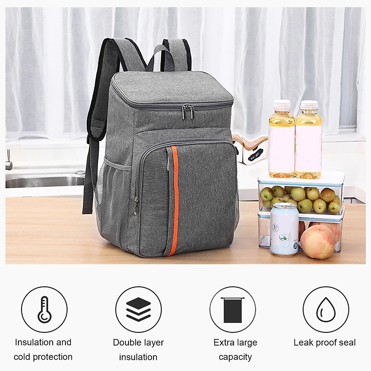 SUNFECILI Thermal Insulated Food Delivery Backpack,Backpack Cooler,18L Grey Leakproof Cooler Backpack Tote Bag,Insulated Reusable Grocery Shopping Backpack for Fruits Drinks Lunch Boxes