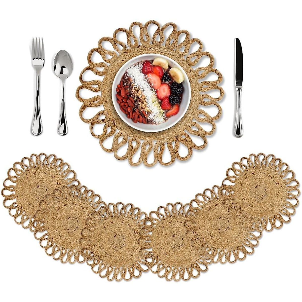 MORE Jute Hand Braided Placemats Set of 6 | 15 Inches Round Tablemats for Kitchen Dining Table Top Rug Mats & Dinner Table Plate Pads Mates | Rustic Natural Fiber Vintage Rugs Mat, Natural Beige