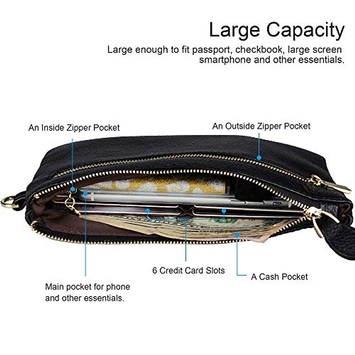 befen Black Genuine Leather Wristlet Clutch Cell Phone Wallet Purse Smartphone Wristlet Wallet Purses and Handbags for Women