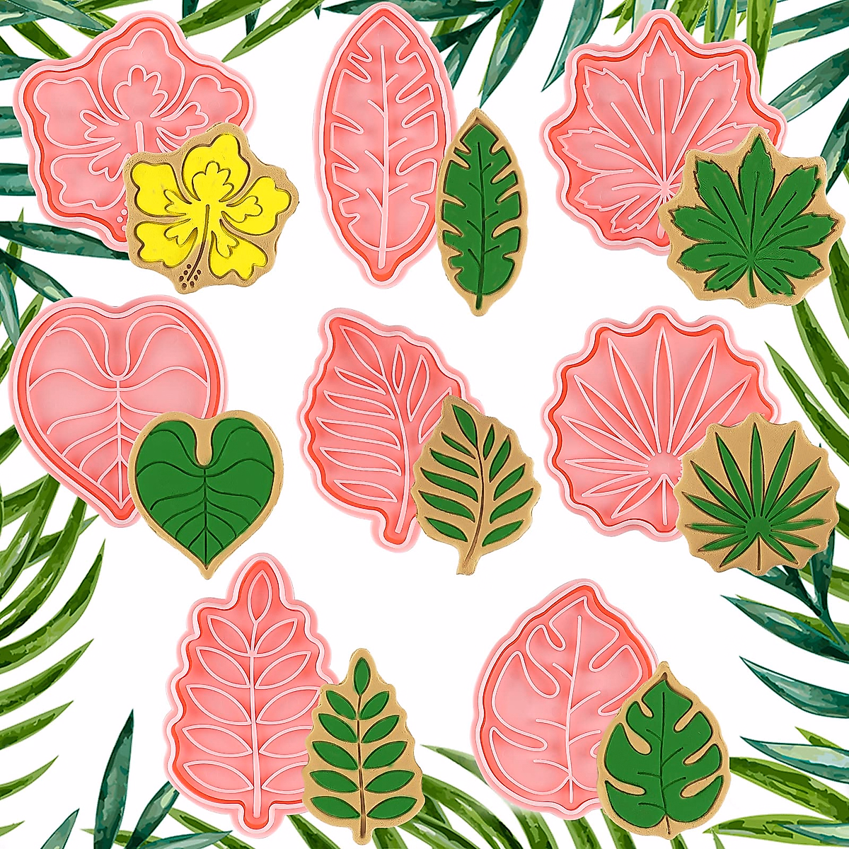 8 Pcs Tropical Leaf Cookie Cutters with Plunger Stamps Set 3D Palm Leaves Fondant Cutters Mold Hawaiian Polymer Clay Cutters DIY Decorative Baking Tools for Baking Cake Sugarcraft Candy Gum Paste