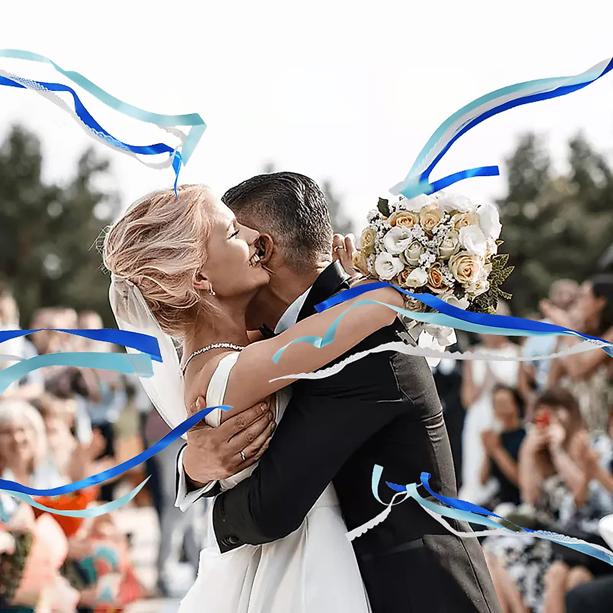 100 Pack Blue Lace Wedding Ribbon Wands Streamers with Bells Silk Fairy Wands Sticks Wedding Exit Ribbon for Party Activities Bridal Shower Send Off Holiday Celebration