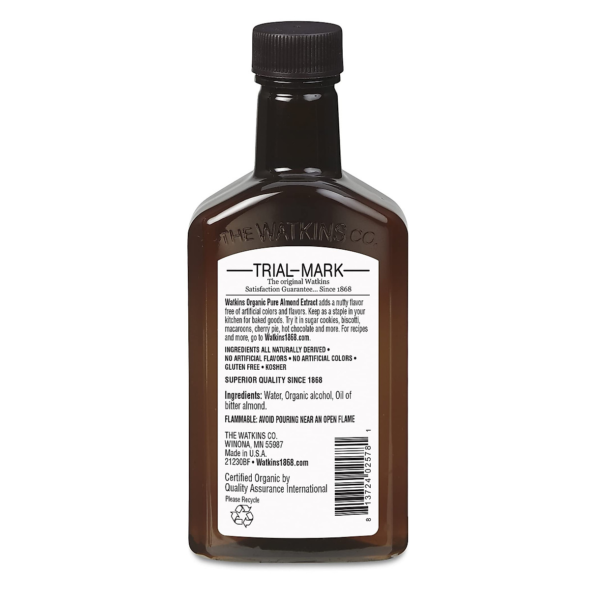 Watkins Organic Pure Almond Extract, Non-GMO, Kosher, 4 oz. Bottle, 1-Pack