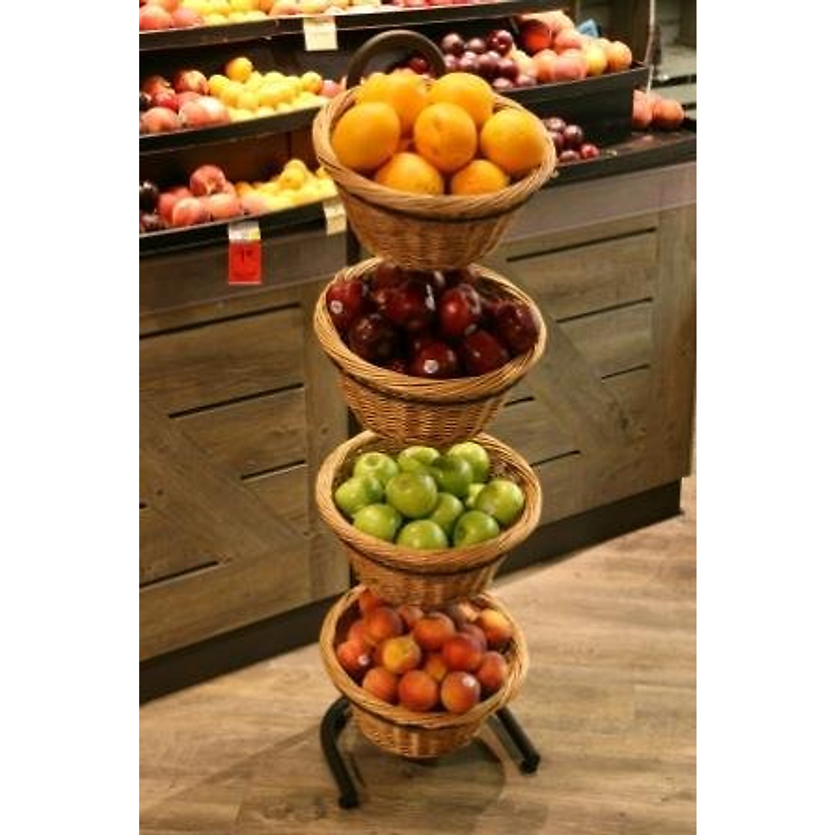 Mobile Merchandisers K1430-4B-MB 4-Tier 4 Round Willow Basket Display with Sign Frame and Sign Clips