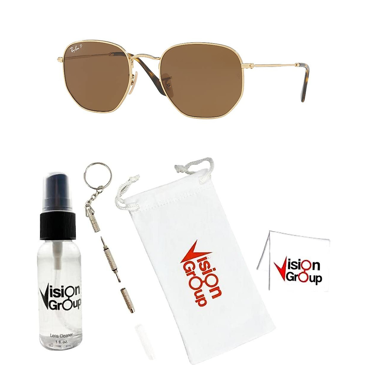 Ray-Ban RB3548N Hexagonal Sunglasses+ Vision Group Accessories Bundle (Arista/Crystal Brown Polarized(001/57), 51, Millimeters)