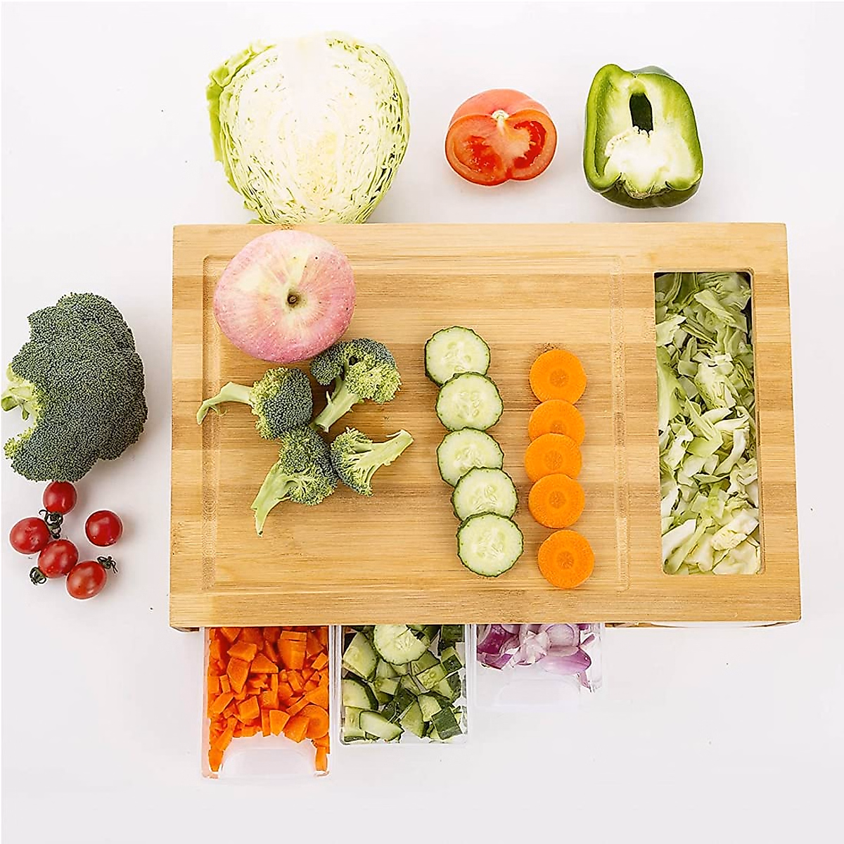 Bamboo Cutting Board with 4 Containers, Large Chopping Board with Juice Grooves, Easy-grip Handles & Food Sliding Opening, Carving Board with Trays for Food Storage, Transport and Cleanup