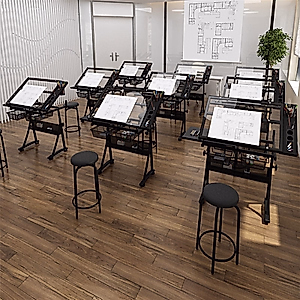 Adjustable Glass Drafting Table,Versatile Art Study Table,with Storage Drawers,Art Studio Design Sketching Painting Work Station