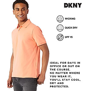 DKNY Men’s Polo Shirt – Cotton Mens Short Sleeve Polo Shirts | No Curl Collar Quick Dry Regular Fit Moisture-Wicking Golf Shirt for Men (Sizes: S-2XL) Coral