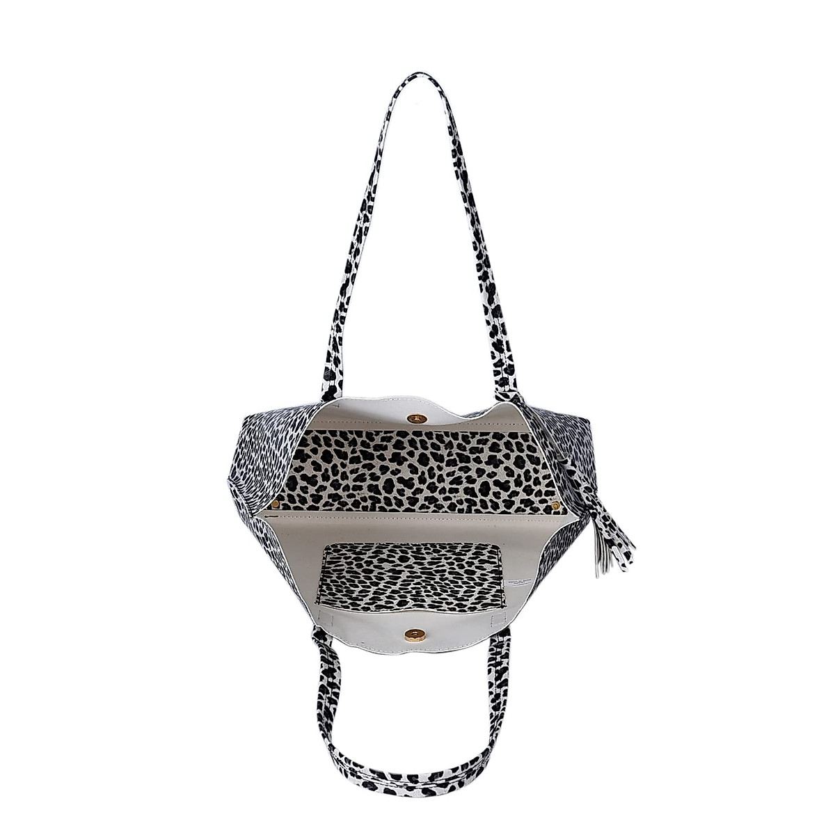 PASSAGE Women Black and White Leopard Pattern Print Soft Faux Leather Tote Shoulder Bag with Tassel Birthday Gifts