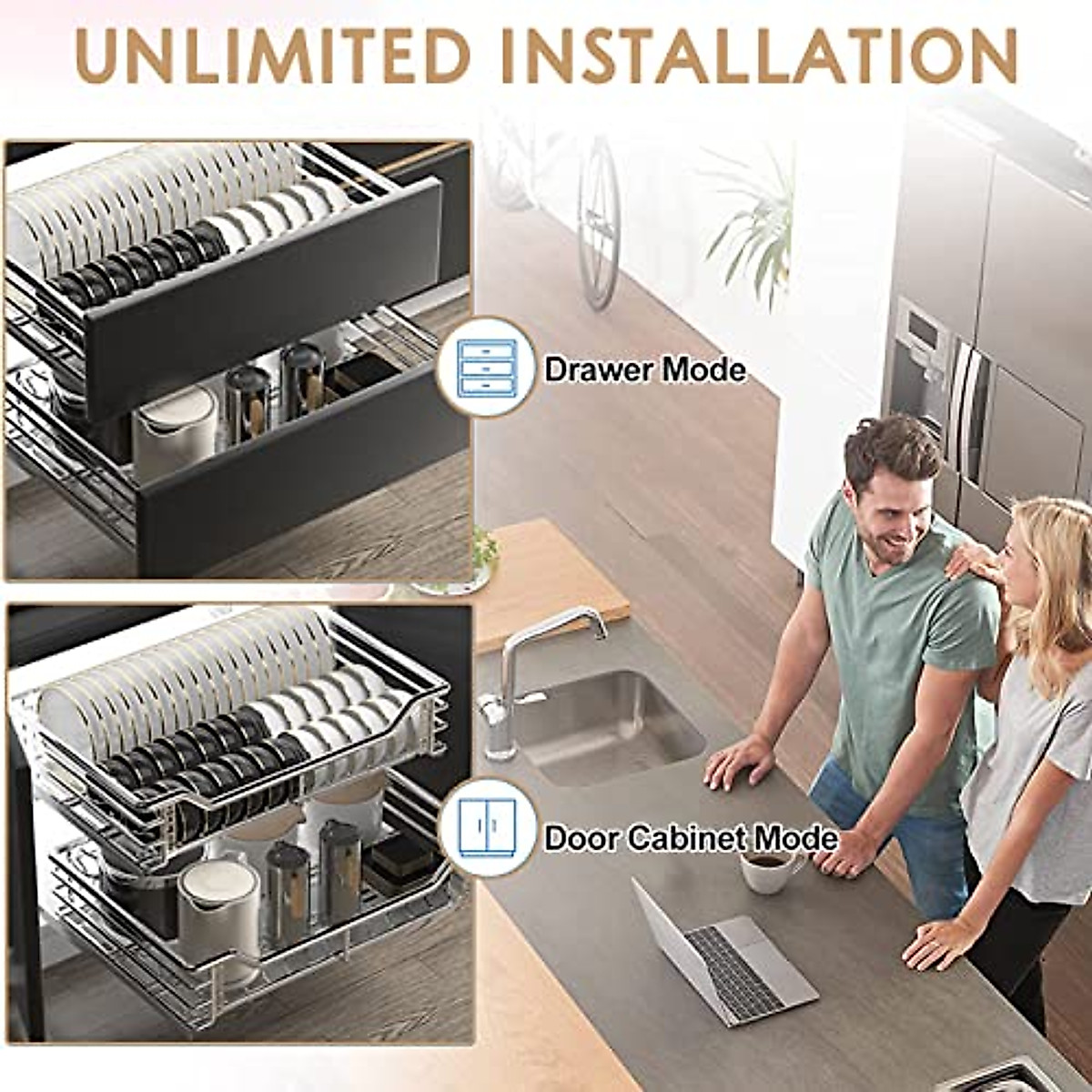 2 Tier Cabinet Pull Out Shelves 304 Stainless Steel Wire Basket Sliding Drawer for Cabinet Storage Shelves Heavy Duty Slide Out Pan Lid Cookware Organizer for Kitchen Cupboard Pantry (74(W)*46(D)*14(