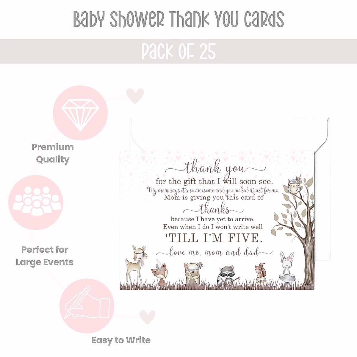 Paper Clever Party 25 Girls Woodland Baby Thank You Cards Pack – Cute Baby Shower Notes with Envelopes, Prefilled Message, Customizable Blank Stationery, Pink, Rustic Floral, New Parents Gift Ideas