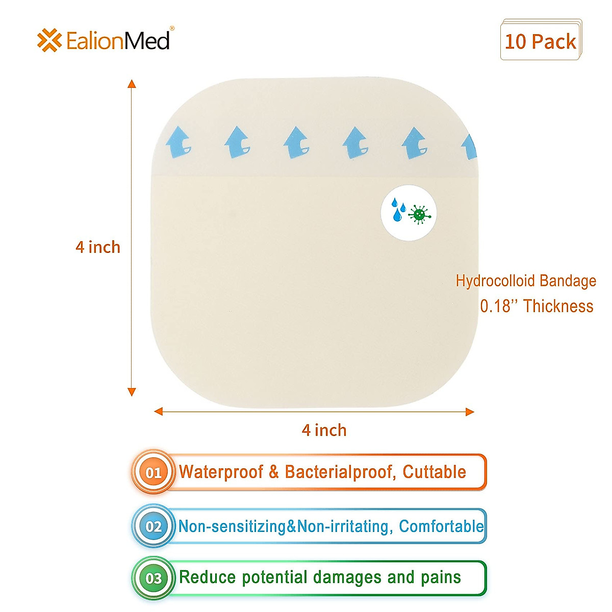 Hydrocolloid Bandage, Hydrocolloid Wound Dressing Thin Type 4'' x 4'' for Light Exudate Wound, Pressure Ulcer, Bed Sore, Surgical Wound,Superficial Wound, 10 Pack by EalionMed