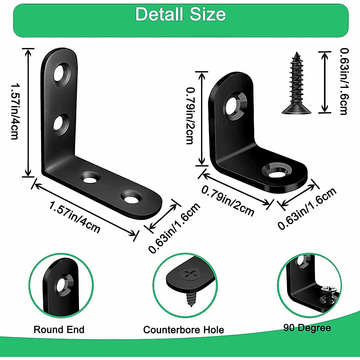 YAMASO 20PCS L Bracket Corner Bracket,Black Small Right Angle Bracket for Wood Furniture Cabinet Chair(10PCS 0.79 Inch+10PCS 1.57 Inch with 60PCS Screws)
