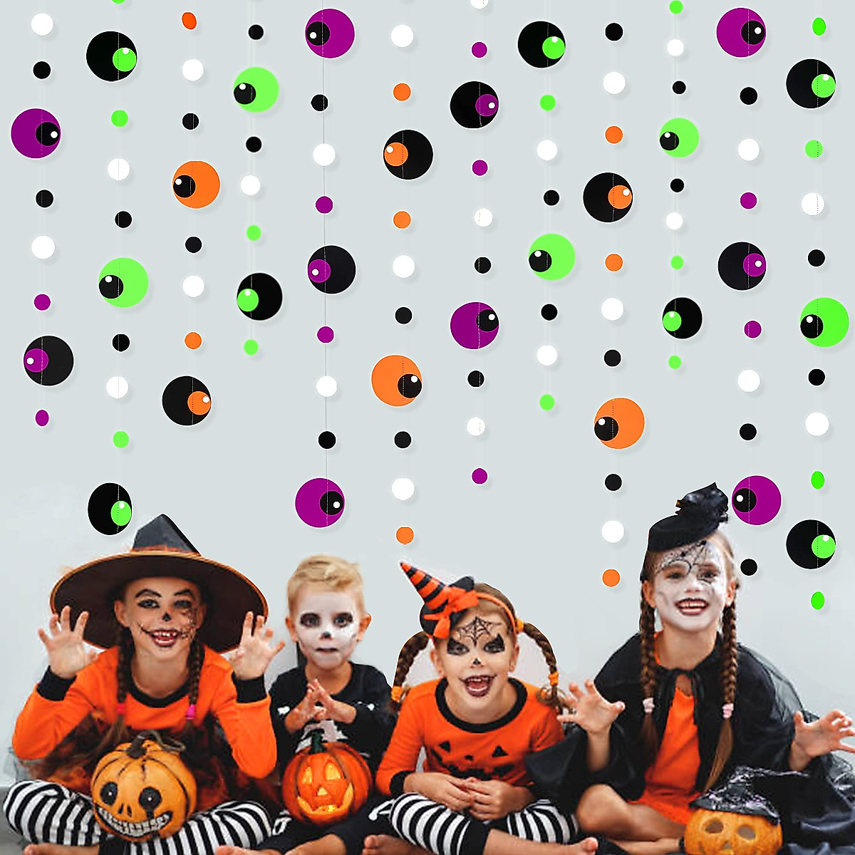 Halloween Eyeballs Garland Decorations Orange Purple Black Green Neon Paper Bunting Banner Streamers Black Light Circle Dots Hanging Decorations for Halloween All Hallows Eve Birthday Party Supplies
