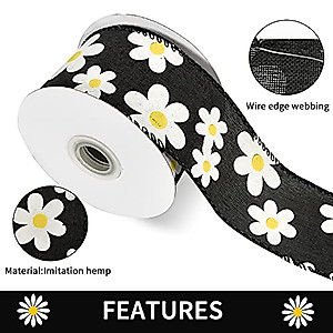 TONIFUL 2.5 Inch Wide Floral Pattern Wired Edge Ribbon Daisy Flowers Black Canvas Cloth Fabric Ribbons Roll 10 Yards for Crafts Bows Wreath Home Decor Hair Accessories Gift Wrapping