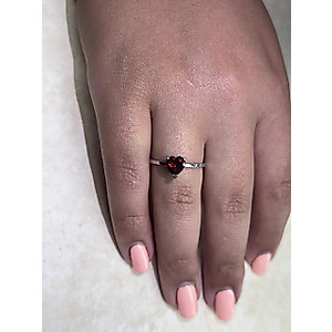 Takar Solid Sterling Silver Solitaire Heart-Shaped Genuine Garnet Ring, Engagement Wedding Band Ring Jewelry for Woman, Made in USA.(Size 10)
