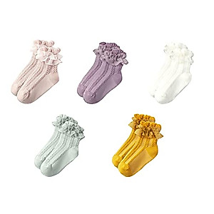 Gwenvenni Toddler Girls Double Ruffle Lace Trim Cotton Socks Frilly Dress Socks 5-Pack, Age 3-5T