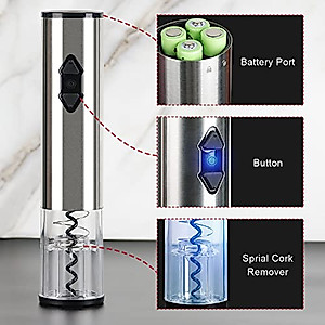 CIRCLE JOY Electric Wine Bottle Openers Set - Battery Powered Motorized Operated Cordless Automatic Corkscrew Opener Puller Kit with Attached Foil Cutter Stopper Wine Aerator Pourer, Stainless Steel