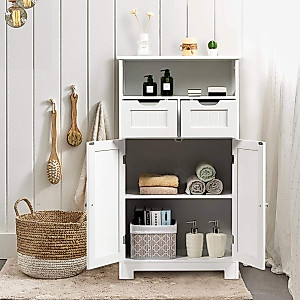Tangkula Bathroom Floor Cabinet, Storage Cabinet w/Open Shelf, 2 Doors & 2 Adjustable Drawers, Standing Cupboard for Kitchen, Bathroom Cabinet for Living Room Home Office (White)