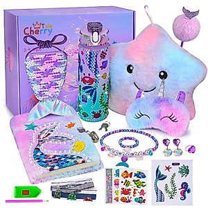 Cherry Tale Mermaid Gifts for Girls Age 5 6 7 8 9 10, Girls Mermaid Birthday Gifts Set with Light Up Star Pillow Diary Plush DIY Water Bottle Kits Christmas Presents Toys