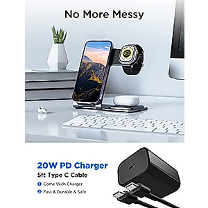 Venere Wireless Charging Station for Apple Devices, Aluminum Alloy 3 in 1 Phone and Watch Charging Station 15W Fast for iPhone14/13/12/11/X/SE/8/Apple Watch/AirPods Pro with 5ft Cable & 20W Adapter