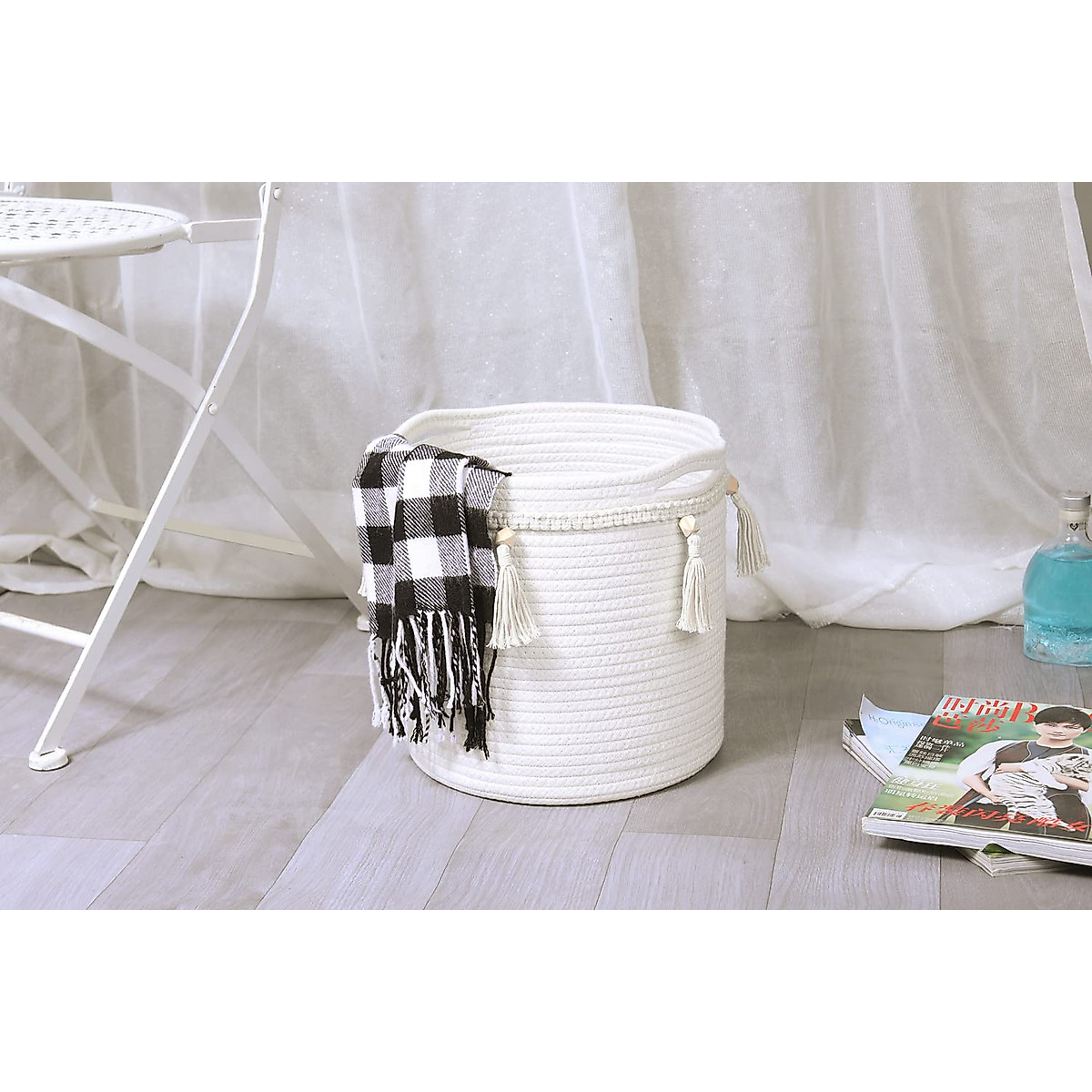 guzhiou Boho Basket with Cute Macrame Woven Tassel, Cotton Rope Storage Bins Organizer for Boho Room Decor,Bedroom Decor,Plant Basket 11"X11"