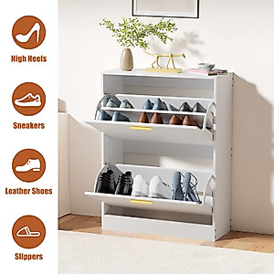 JOZZBY Shoe Cabinet Storage for Entryway, Slim White Hidden Shoe Organizer Cabinet with 2 Flip Drawers, Wooden Narrow Shoe Rack with 2 Tier Freestanding for Hallway, Living Room