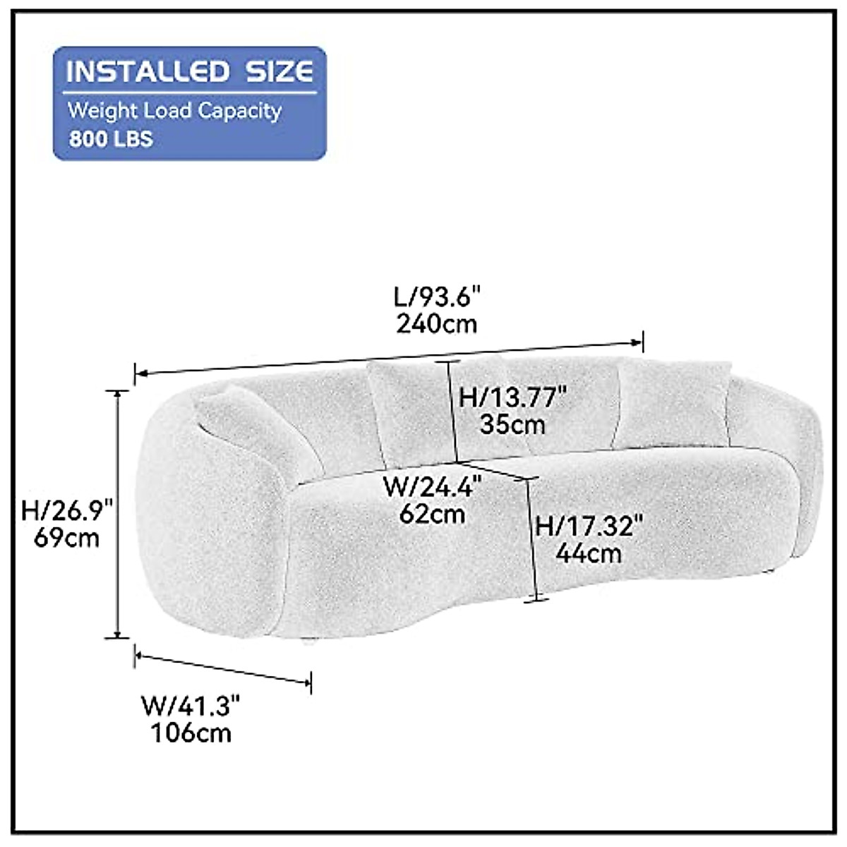 LyuHome Curved Sofa Couch for Living Room, Small Cream Couch, Mid-Century Modern Comfy Cloud Couch for Small Spaces,Bedroom Apartment 94" Beige
