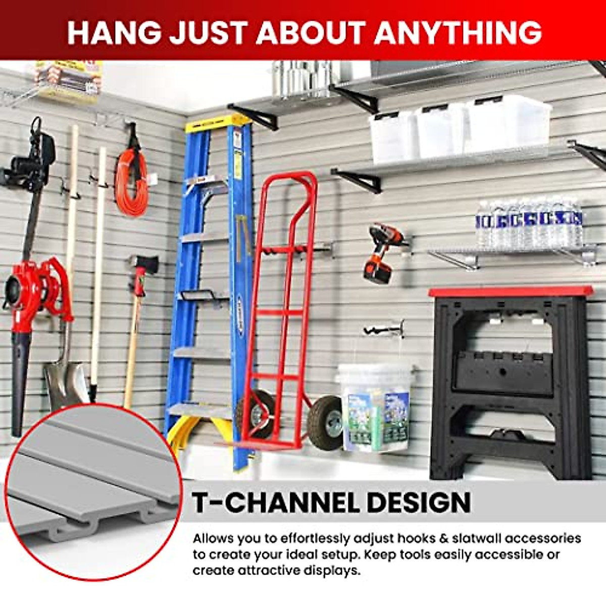 Slatwall Panel Garage Wall Organizer: Heavy Duty Wall Mounted PVC Wall Rack, Interlocking Slat Wall Paneling for Garage Wall Storage, Slatwall Board, Slatwall Shelves System - 3 Color Samples