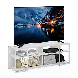 Furinno Camnus Modern Living Entertainment Center Stand with Metal Frame Support for TVs up to 65 Inch, Solid White/White