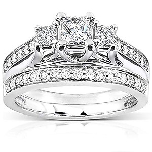 Kobelli Three-Stone Diamond Engagement Ring and Wedding Band Set 4/5 carat (ctw) in 14k White Gold, Size 7, White Gold