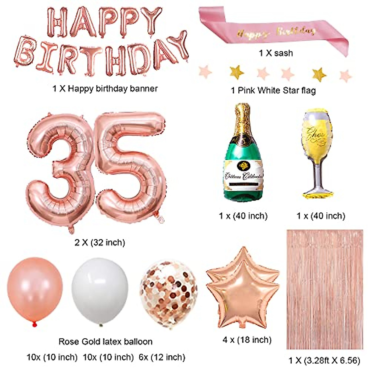 Fancypartyshop 35th Birthday Decorations - Rose Gold Happy Birthday Banner and Sash with Number 35 Balloons Latex Confetti balloons Ideal for Girl and Women 35 Years Old Birthday Rose Gold
