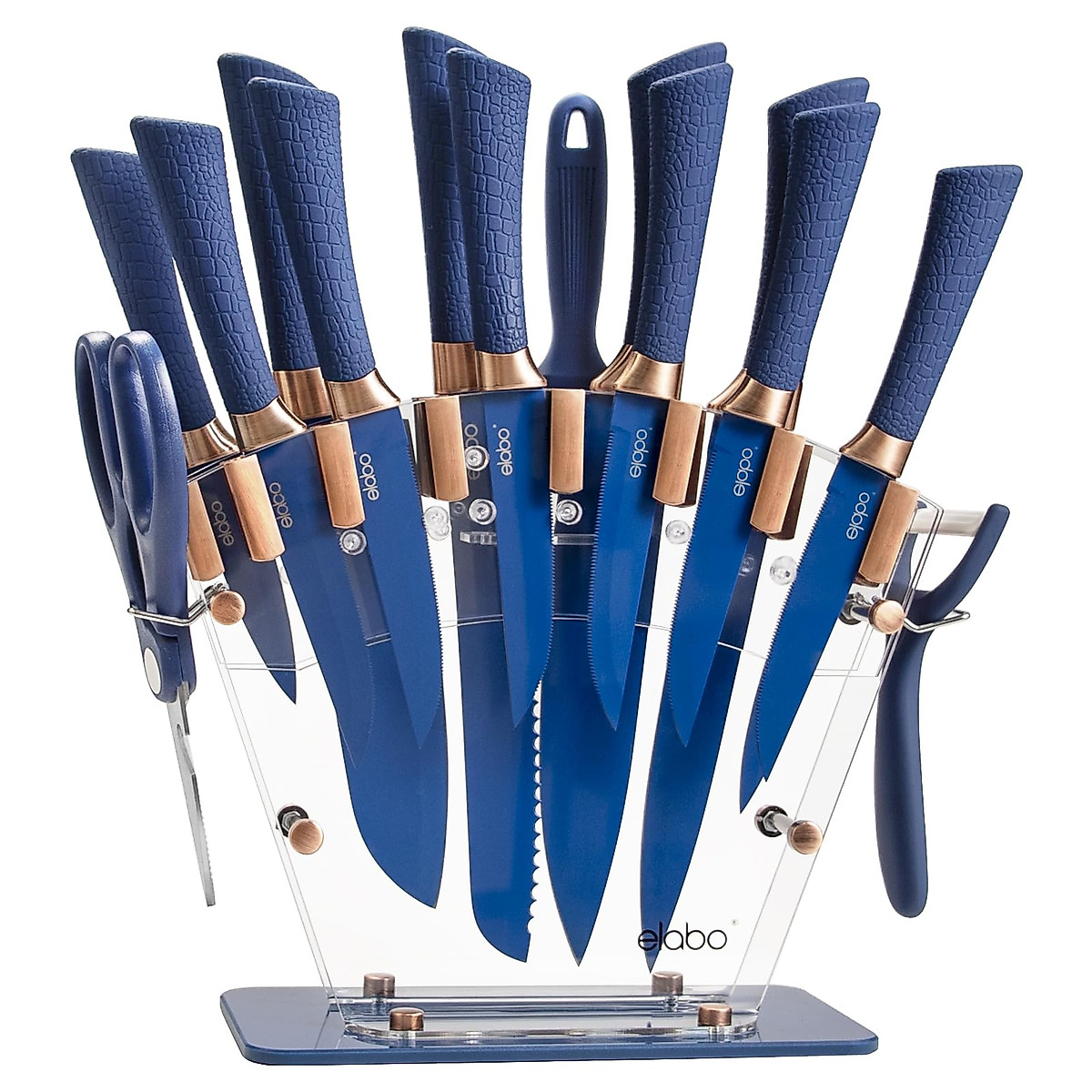 elabo Kitchen Knife Set - 16 Pieces Stainless Steel Knives, Rose Gold Handle Includes 6 Sharp Knives, 6 Serrated Steak Knives, Scissors, Peeler, Knife Sharpener with Block, Blue