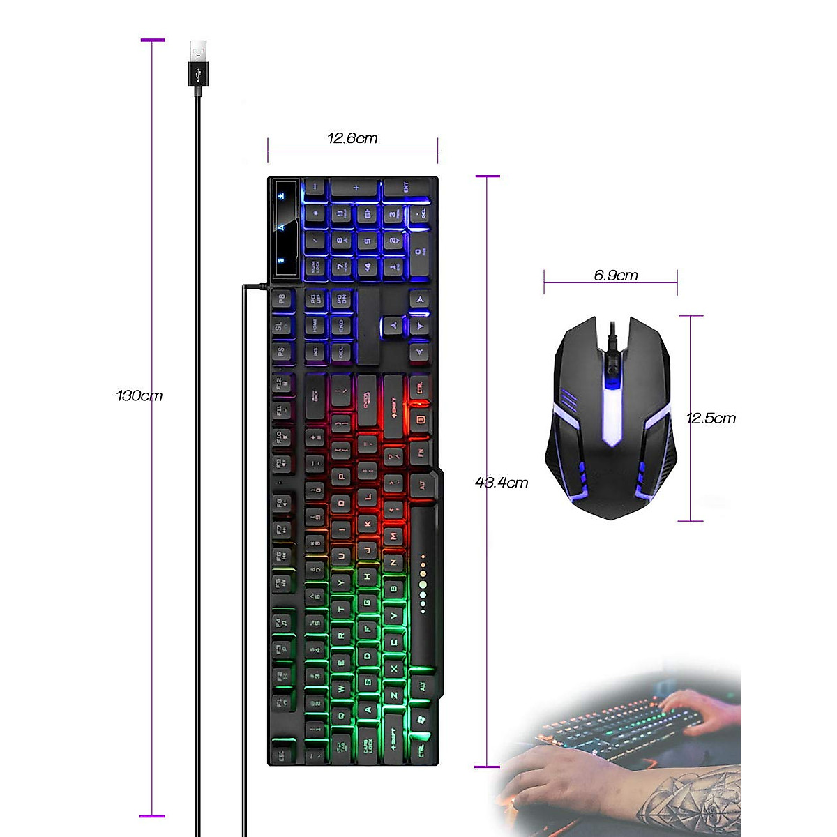 look see Backlight Keyboard with Optics Mouse Gaming Rainbow Multi-Color LED Backlit USB Interface Teclado Mechanical Feeling for PC, MAC,