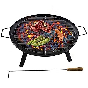 Koreyosh Fire Pit, 21'' Outdoor Patio Steel Fire Pit Wood Burning BBQ Grill Firepit Bowl with Round Mesh Spark Screen Cover Fire Poker for Backyard Garden Camping Picnic Beach Park (Round w/ Grill)
