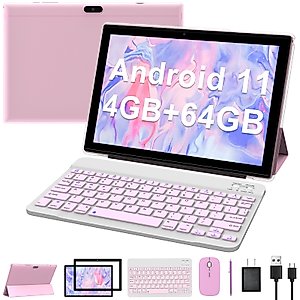 10.1 Inch Android 11 Tablet, Newest 2 in 1 Tablets, 4GB RAM+64GB ROM Quad-Core Processor, 1280*800 FHD Tableta with Keyboard/Mouse/Case/Stylus/Tempered Film, 8MP Dual Camera 6000mAh Battery 10" Tab PC