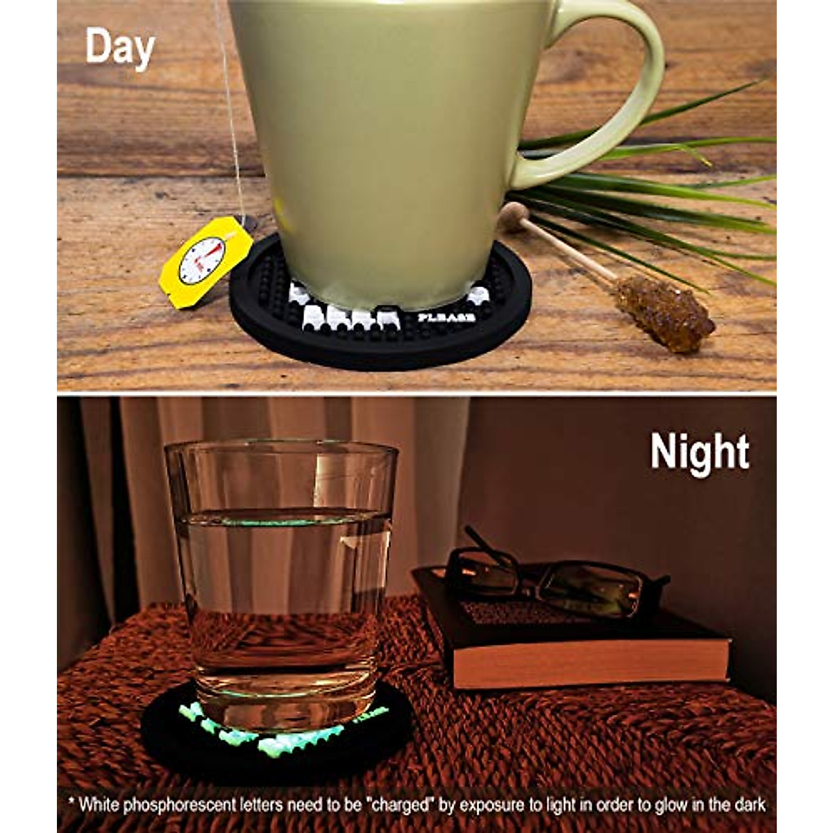 CAPLORD Table Coasters for Drinks Absorbent Coasters Non Slip Black Silicone Cute Coffee Drink Coaster Set of 6 Pack Outdoor Coasters for Coffee Table, Glow in The Dark Costers, Man Cave Gifts