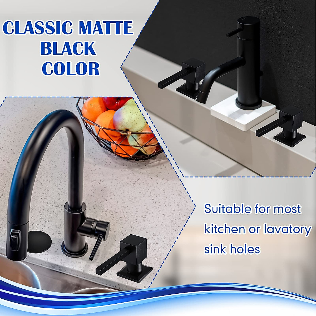 2 Pieces Matte Black Soap Dispenser for Kitchen Sink and 2 Inch Sink Hole Cover Set Countertop Dish Pump Head Sink Soap Dispenser with 17 oz Bottles Stainless Steel Faucet Hole Cover Sink Accessories