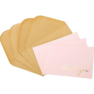 Thank You Cards - Blank 50 Pack Baby Pink Matte Finish Cards with Gold Foiled "Thank You" Printed with 52 Kraft Envelopes 4" x 6" - for Bridal Shower Baby Shower Birthday Party